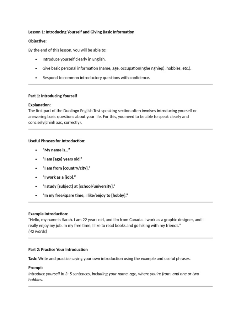 English Speaking Preparation Lesson 1 A1-A2 | PDF | Communication ...