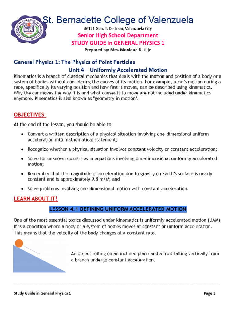 Study Guide: Uniformly Accelerated Motion | PDF | Velocity | Acceleration