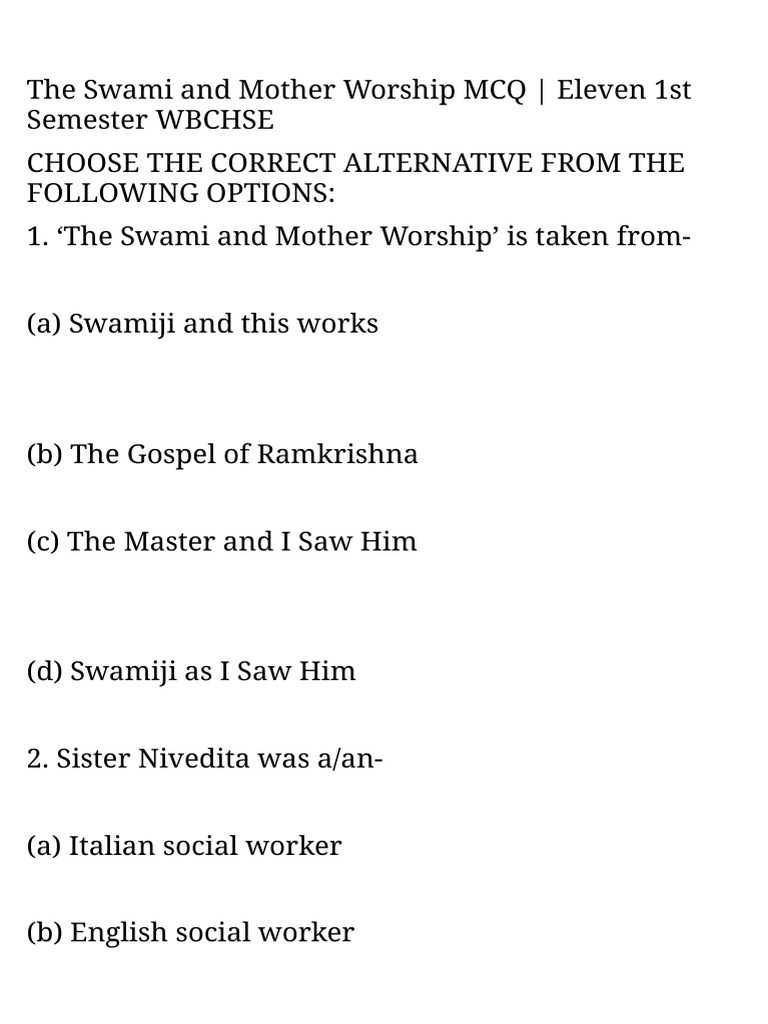 The Swami and Mother Worship. Xi MCQ | PDF | Swami Vivekananda | Ramakrishna