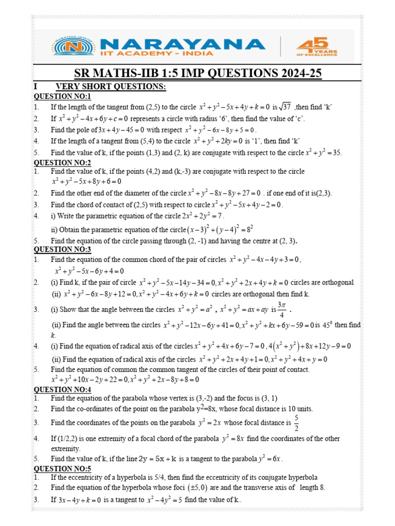 TS - SR - Maths Iib - Imp Questions-2024-25 | PDF | Ellipse | Circle