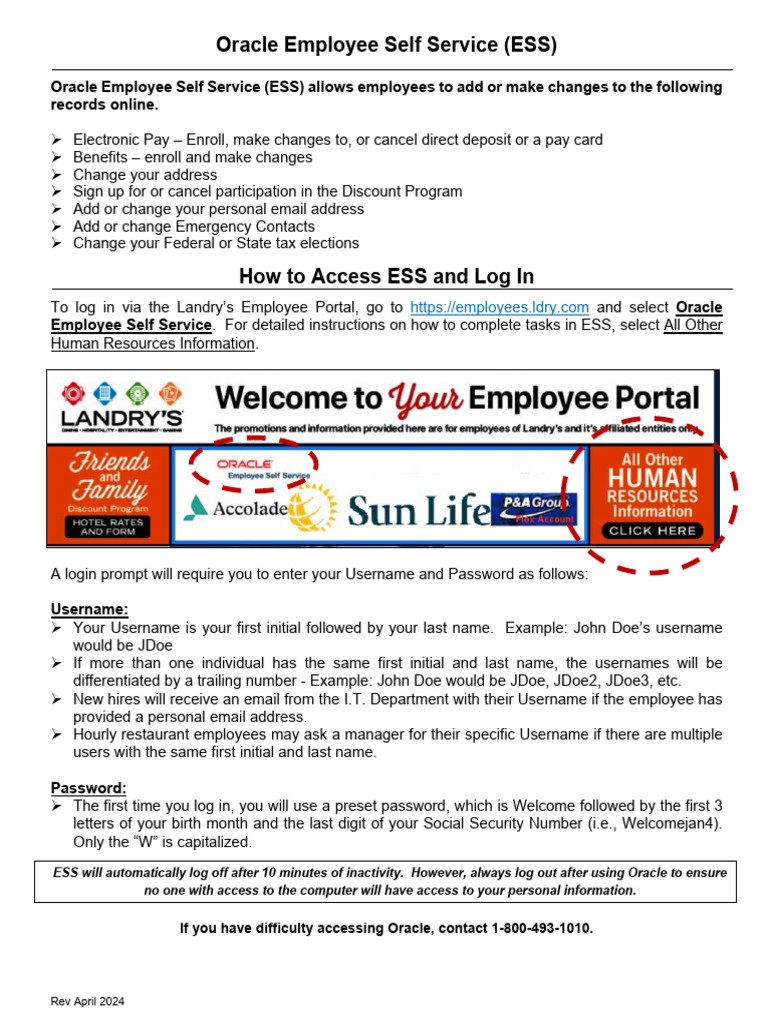 Landry's Oracle Employee Self Service Guide | PDF
