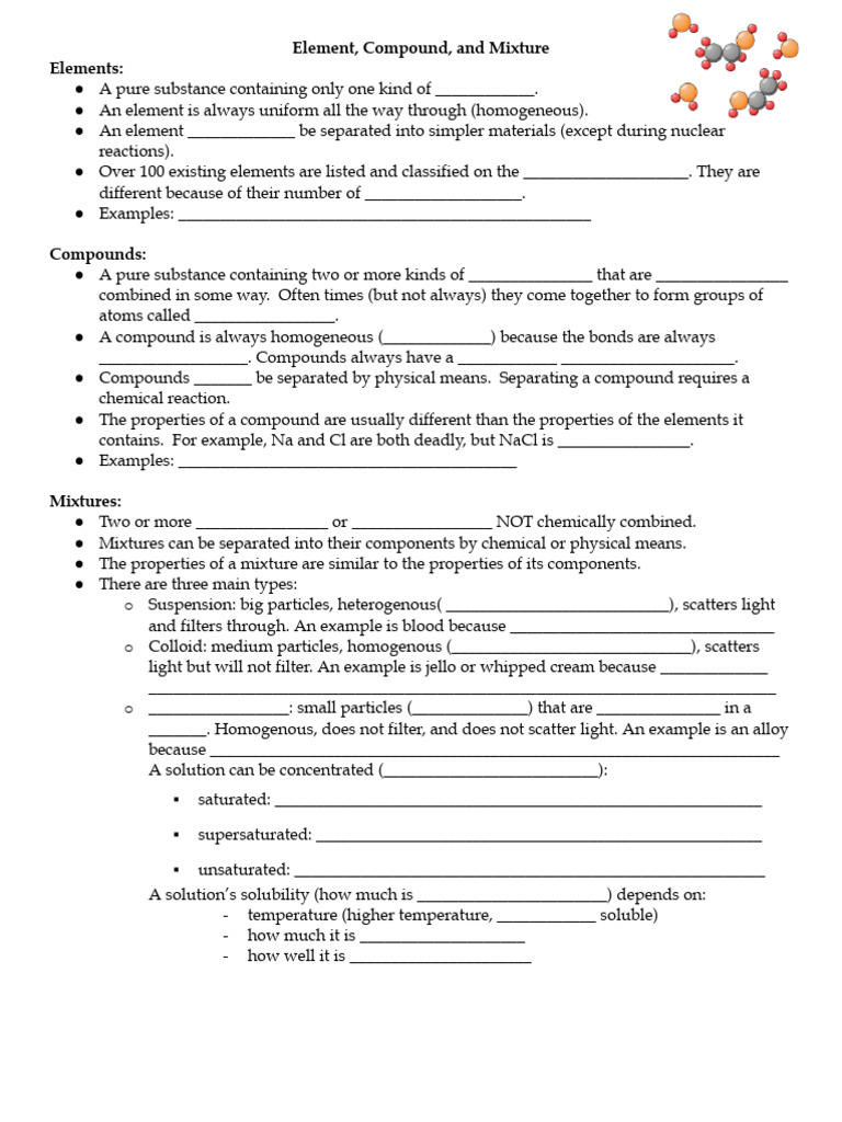 element compound mixture worksheet review | PDF | Mixture | Chemical ...