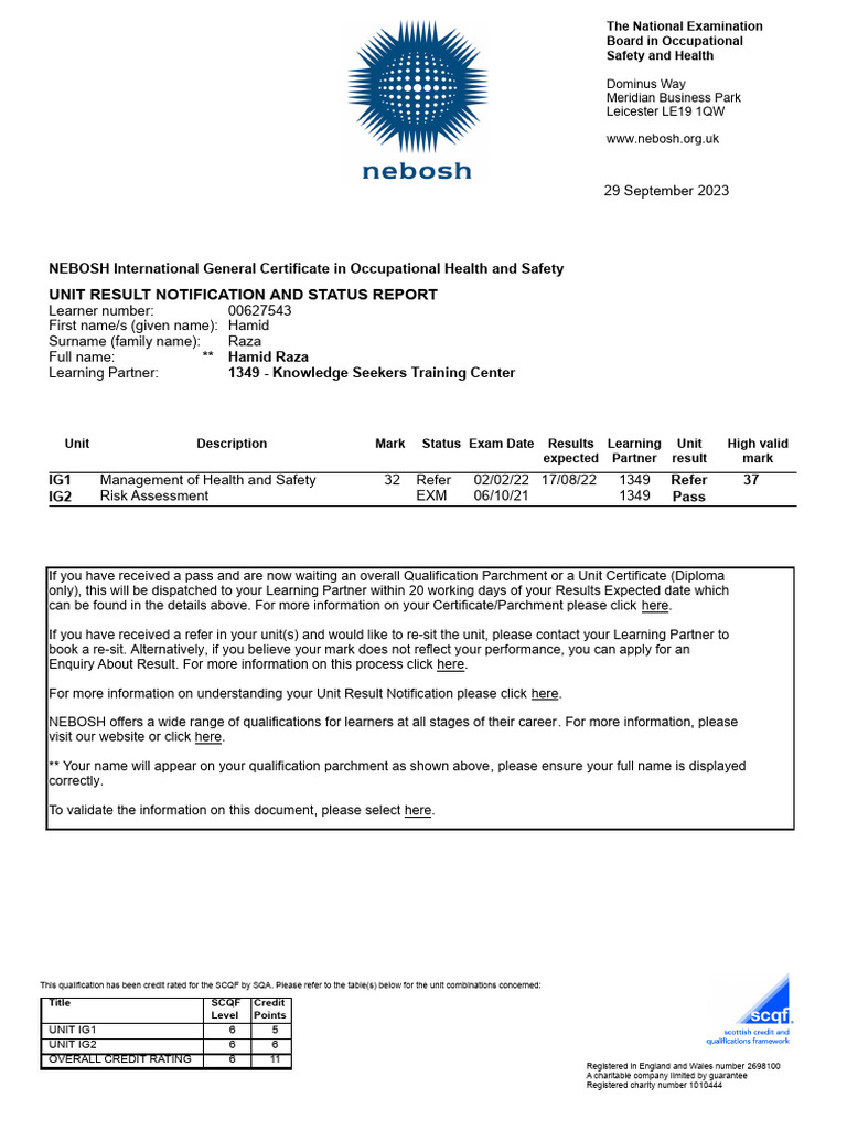NEBOSH Exam Results: Hamid Raza | PDF | Educational Stages | Vocational ...