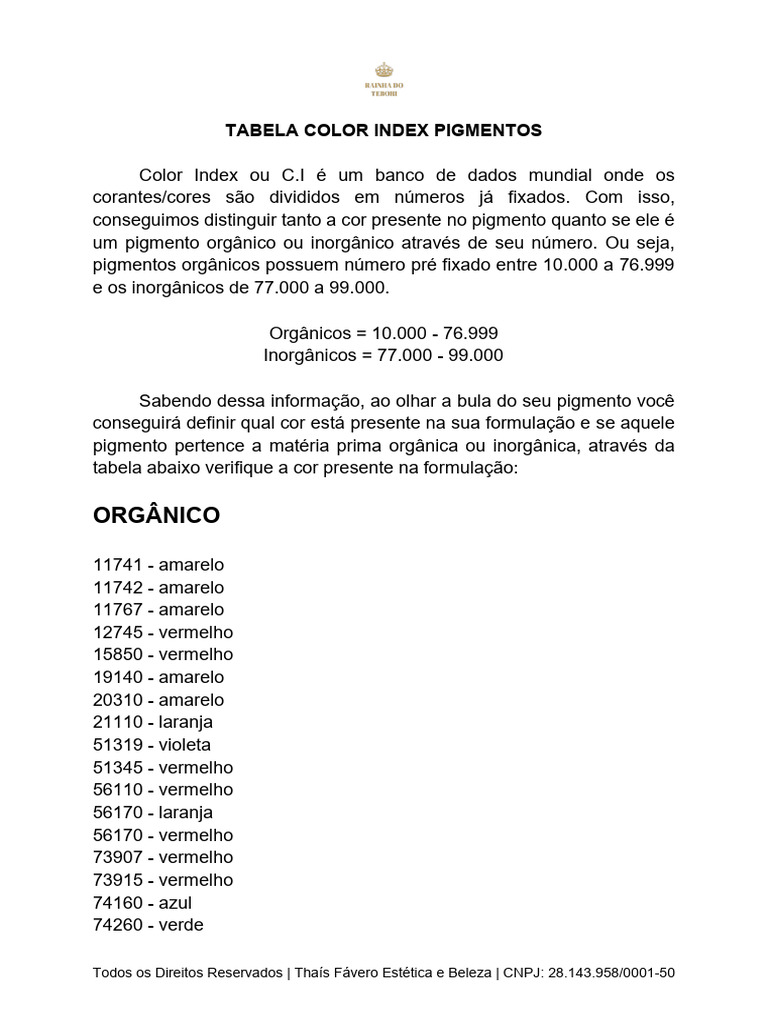 Tabela de Pigmentos Color Index | PDF