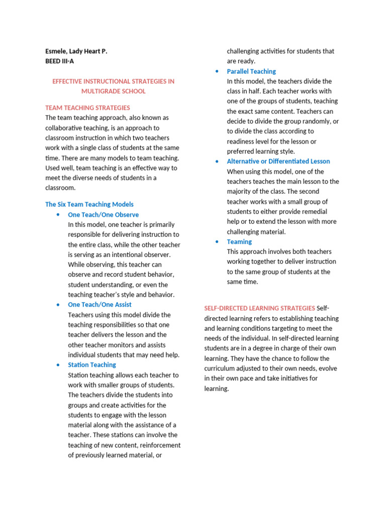 Effective Team Teaching Strategies | PDF | Teachers | Learning
