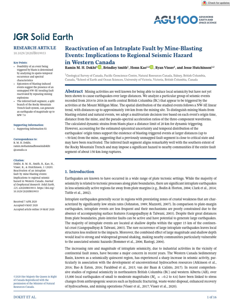 Reactivation of An Intraplate Fault by Mine-Blasting Event Implications ...