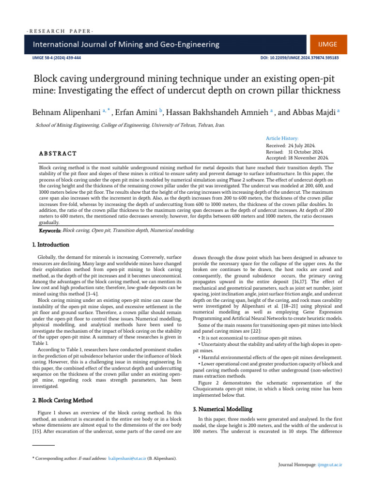 Block Caving Underground Mining Technique Under An Existing Open-Pit Mine Investigating The ...
