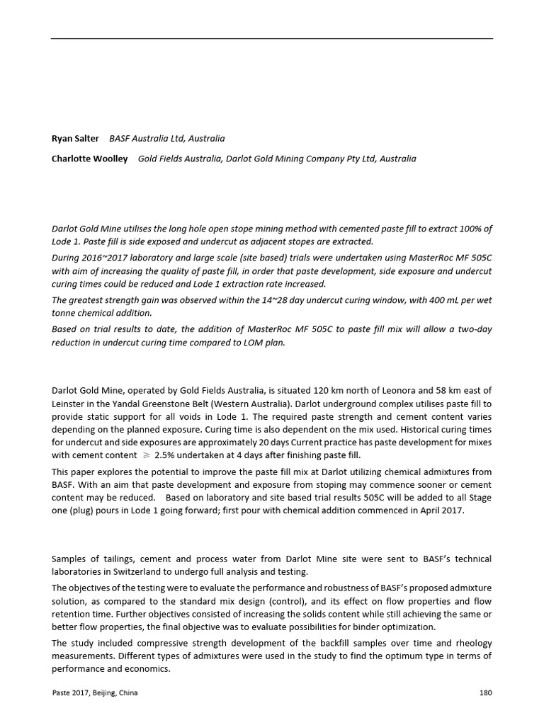 Optimising Cemented Paste Fill at Darlot Gold Mine through the use of ...