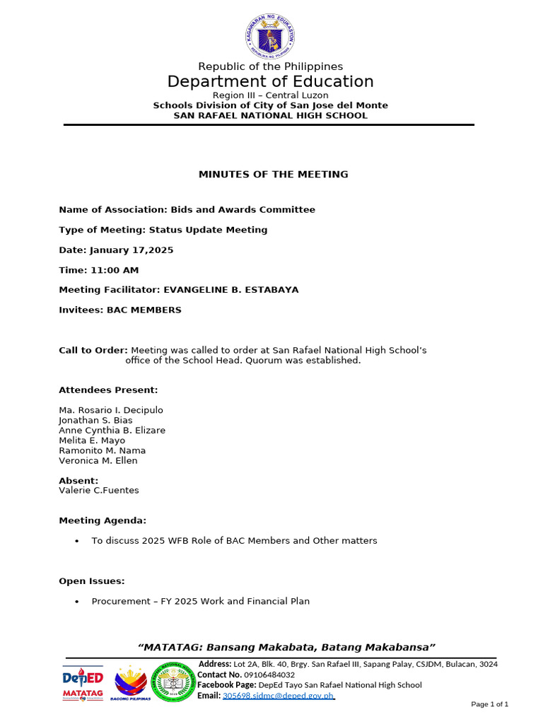 BAC Minutes of The Meeting SY 2024 2025 | PDF
