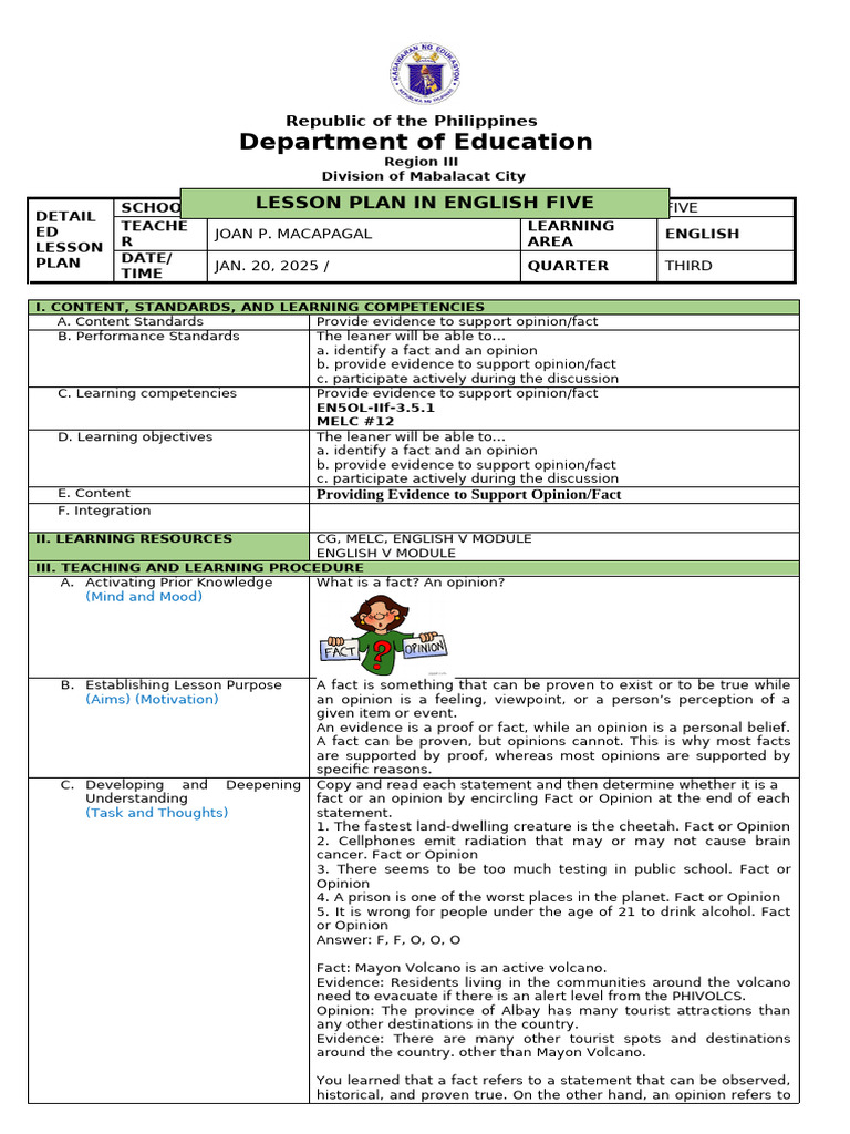 English Lesson Plan: Facts vs. Opinions | PDF | Thought | Learning