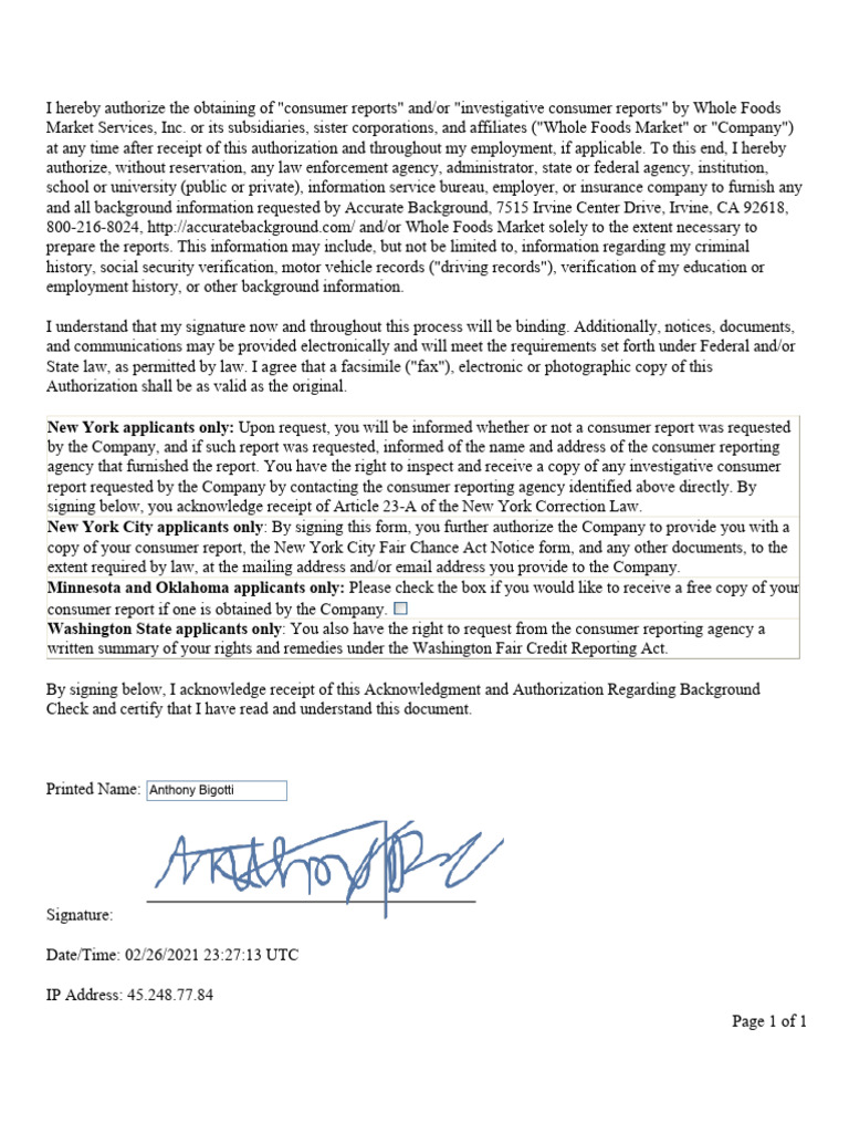 Acknowledgment and Authorization Regarding Background Check | PDF ...