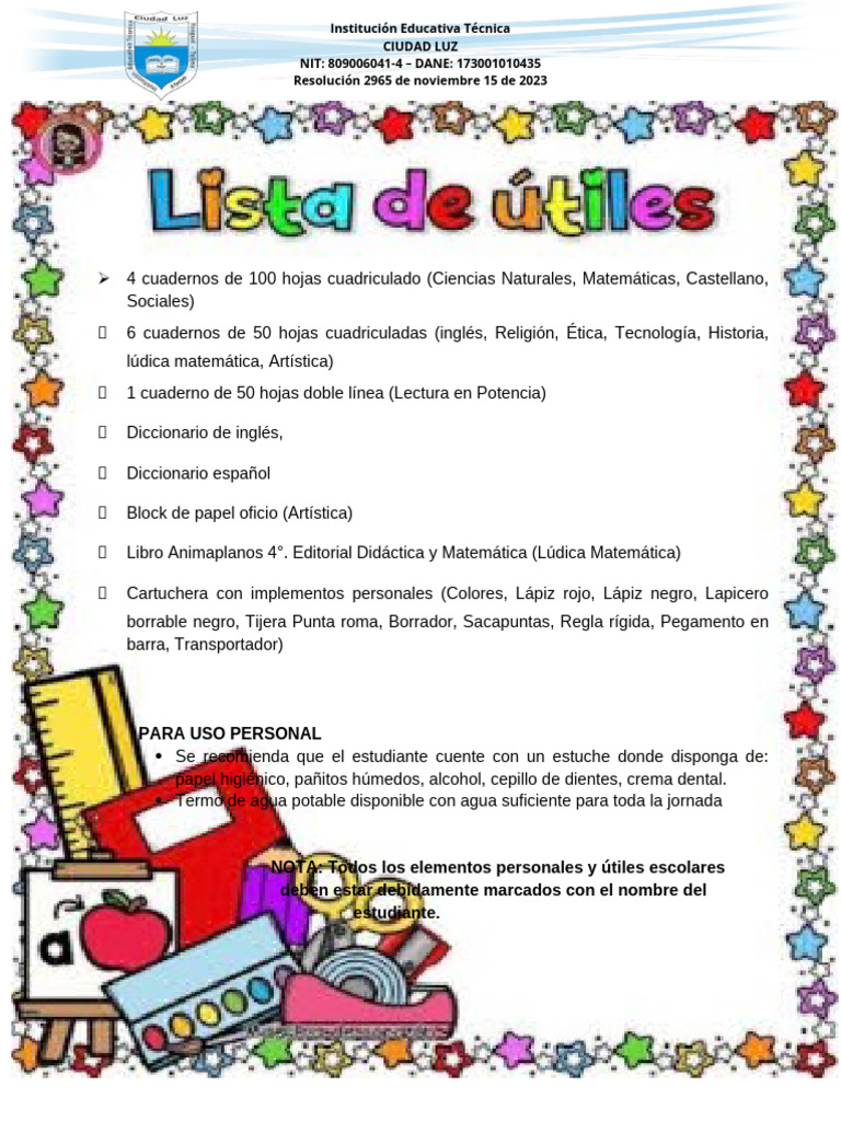 Lista Utiles Escolares 4 | PDF