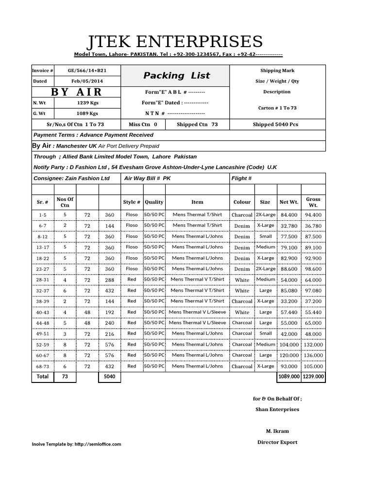 Export Packing List Template in Excel | PDF