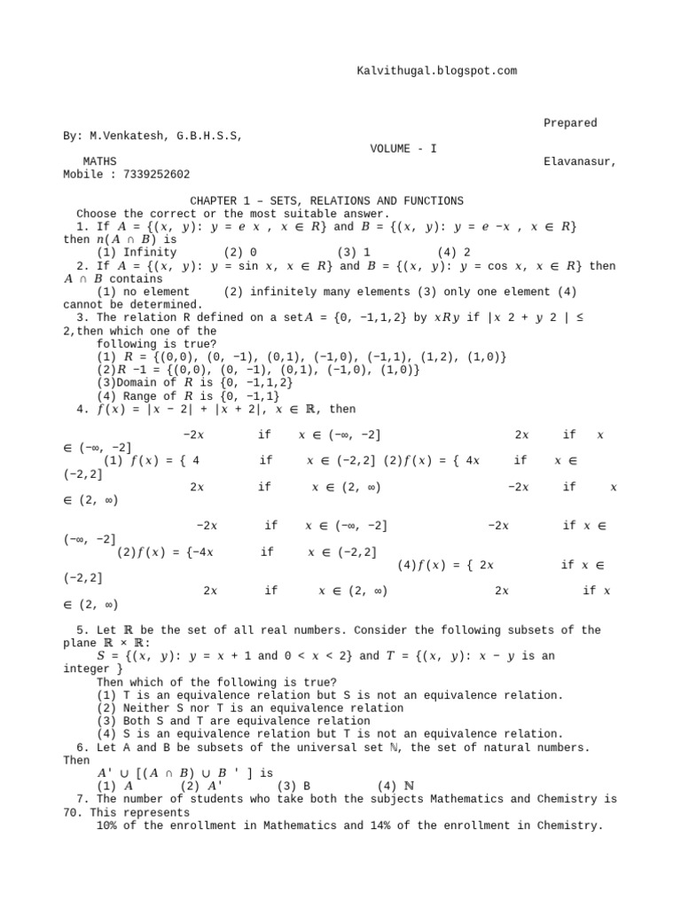 11th Grade Maths One Mark Questions | PDF | Triangle | Logarithm