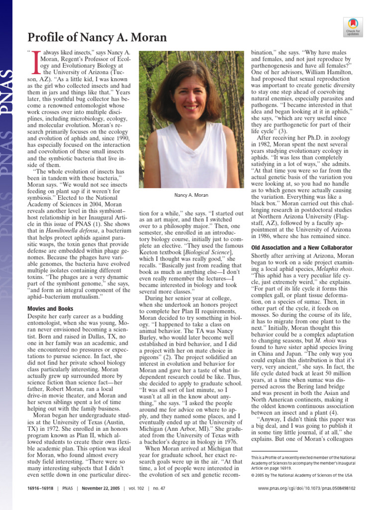 Nancy A. Moran: Entomology and Symbiosis Pioneer | PDF | Symbiosis ...