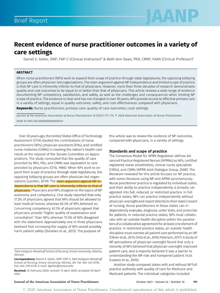 Recent Evidence of Nurse Practitioner Outcomes In.4 | PDF | Nurse ...