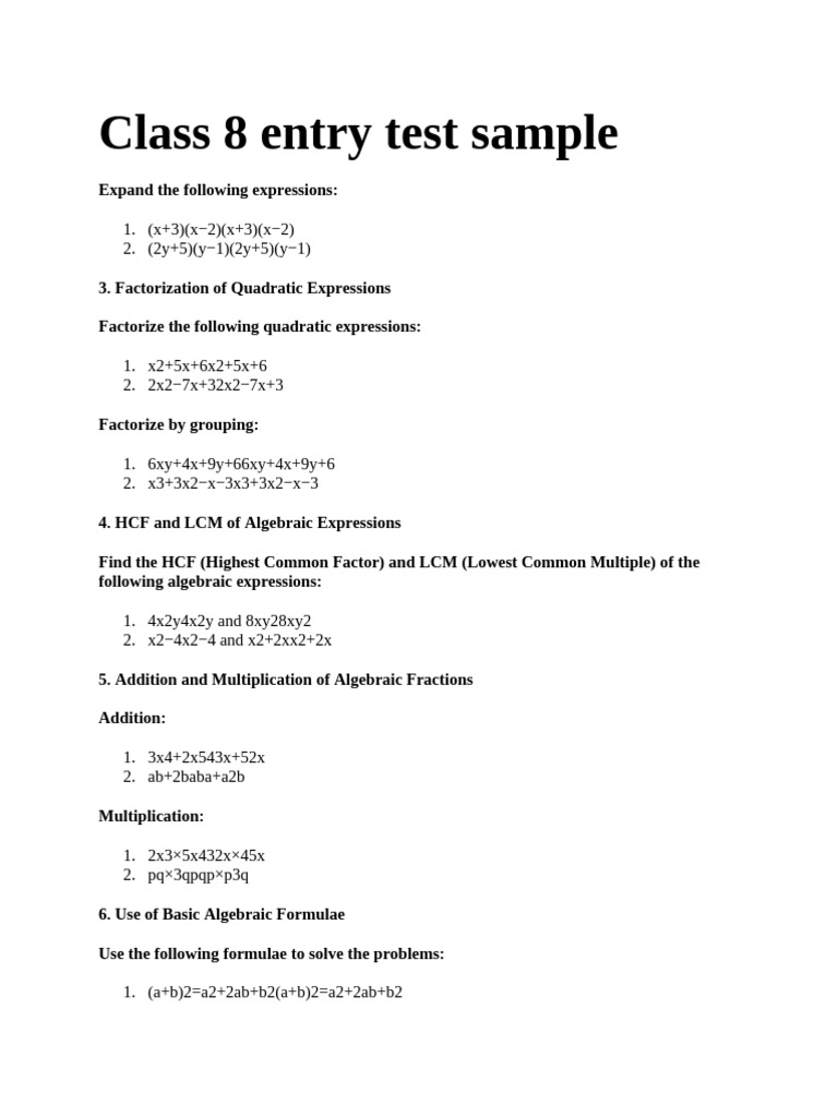 Class 8 entry test sample | PDF