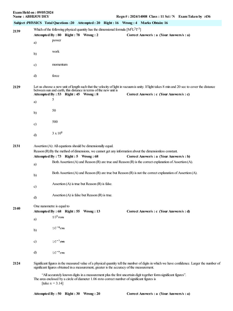 Physics Exam Results and Key Concepts | PDF | Significant Figures ...
