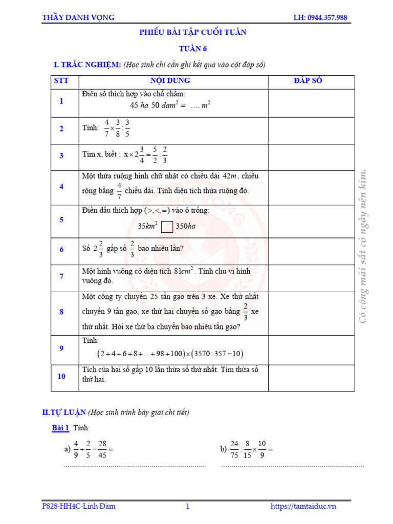 Toan 5 - Phieu Bai Tap Tuan 6 | PDF