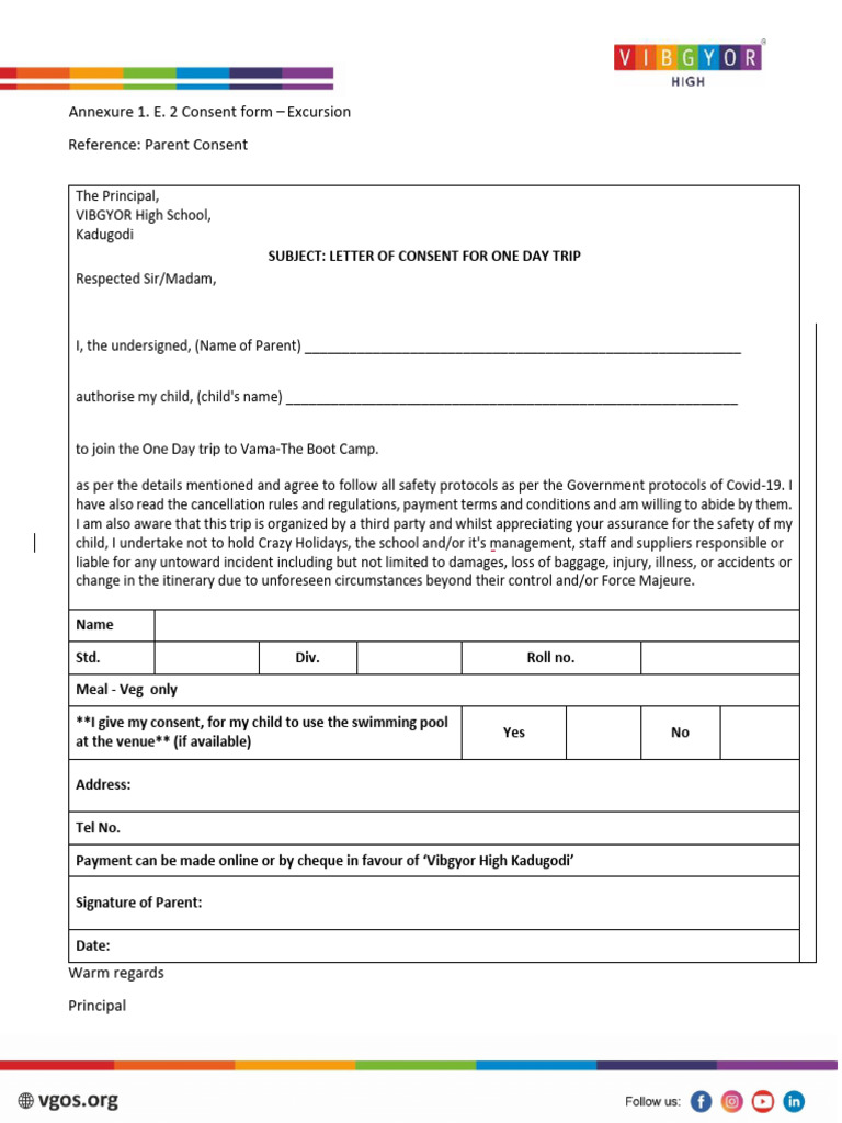 Annexure 1. E. 2 Consent Form - Excursion | PDF