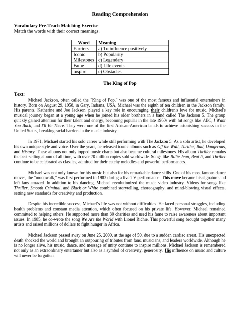 Reading Comprehension | PDF | Michael Jackson