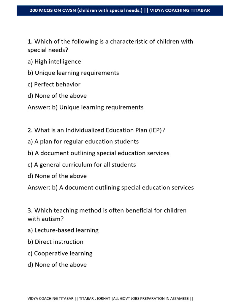 200 Mcqs On CWSN Pedagogy | PDF | Special Education | Developmental Disabilities