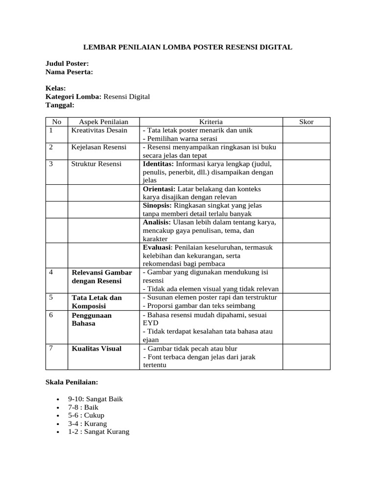 Lembar Penilaian Lomba Poster Resensi Digital | PDF