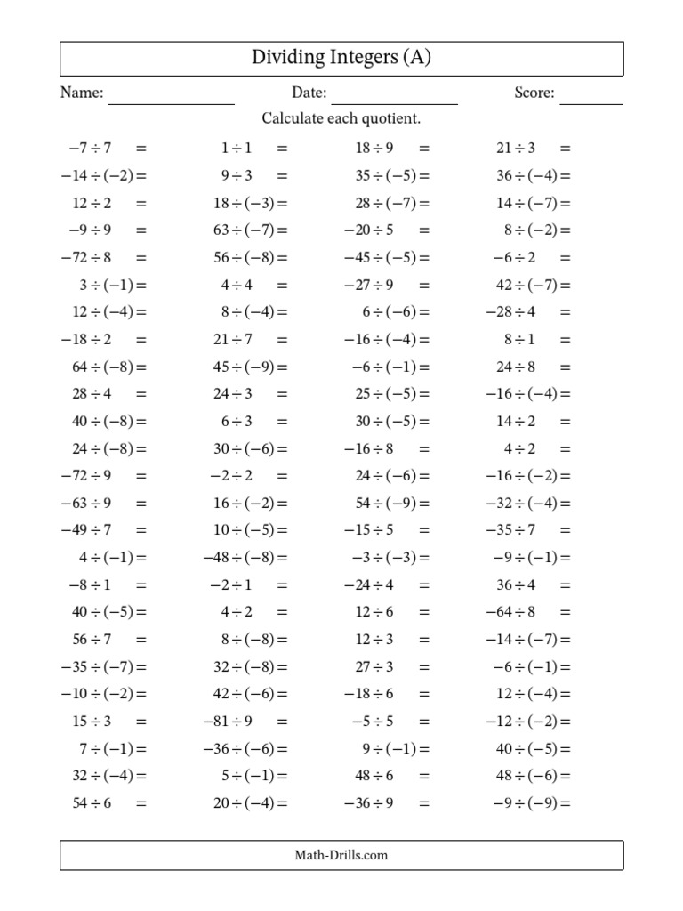 Integer Division Practice Worksheet | PDF | Arithmetic | Mathematics