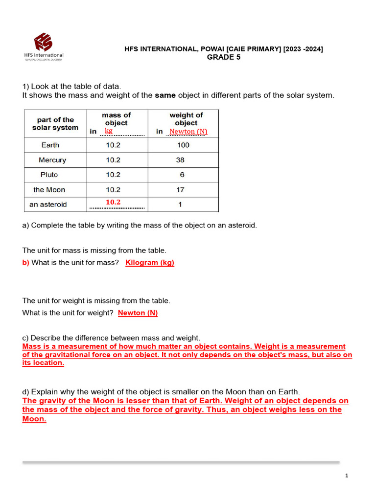 Science Practice Worksheet Grade5 3 | PDF | Weight | Mass