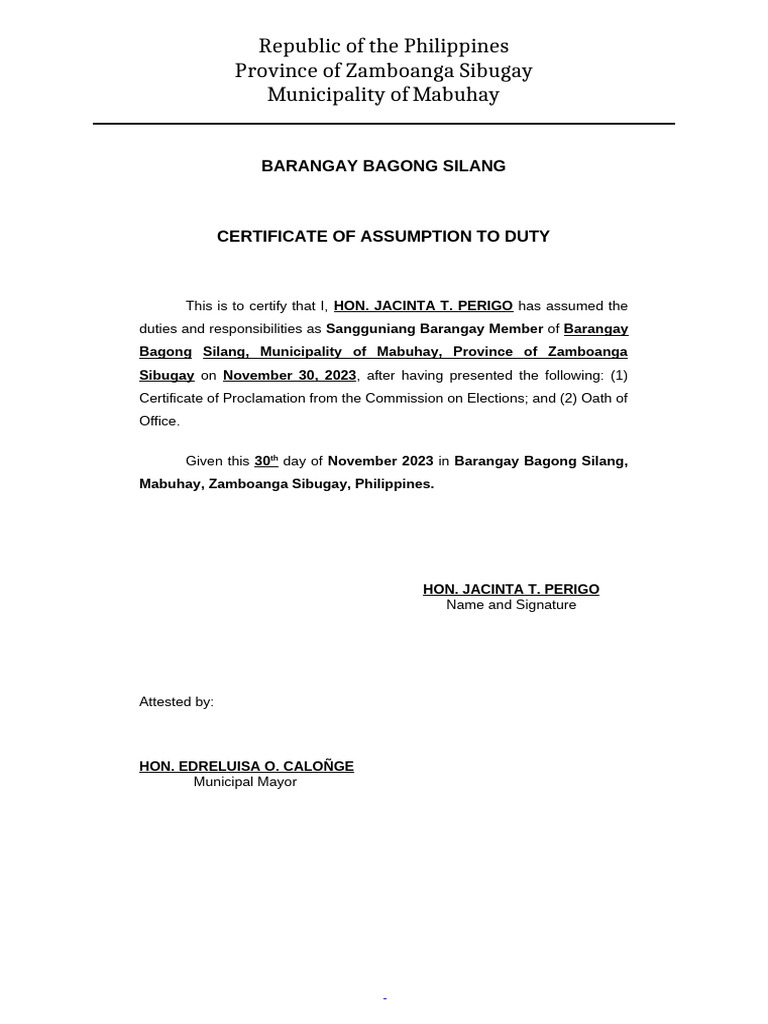 Certificate of Assumption Barangay Official | PDF
