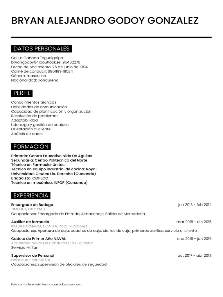 Currículum de Bryan Godoy: Habilidades y Experiencia | PDF | Honduras