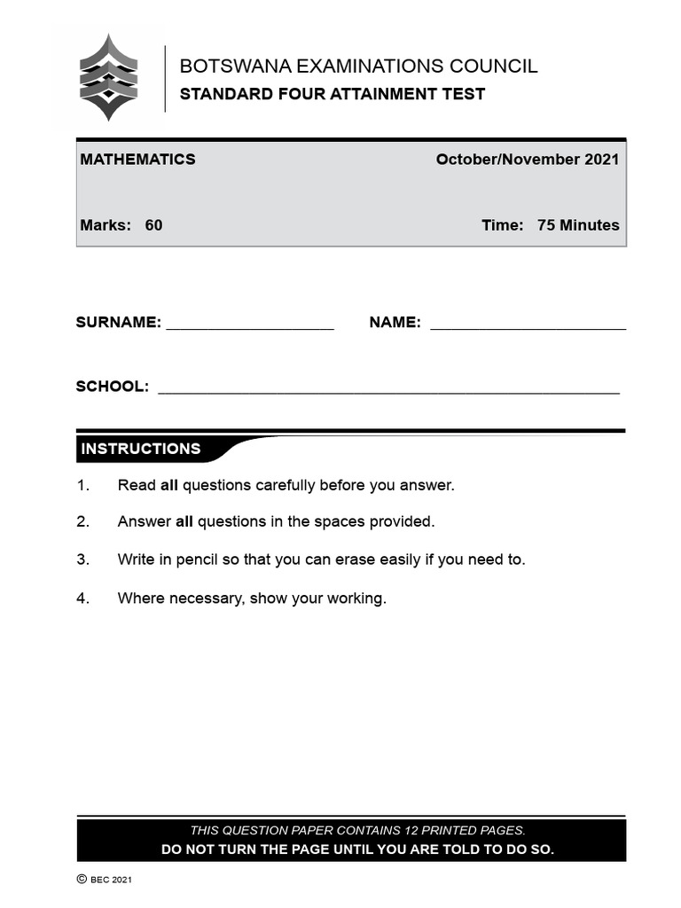 2021 Standard 4 Mathematics | PDF | Rectangle | Mathematics