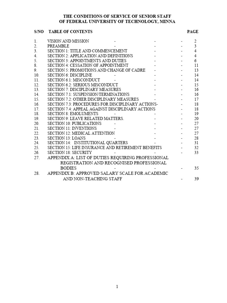 FUTMINNA Conditions of Service | PDF | Employment | Salary