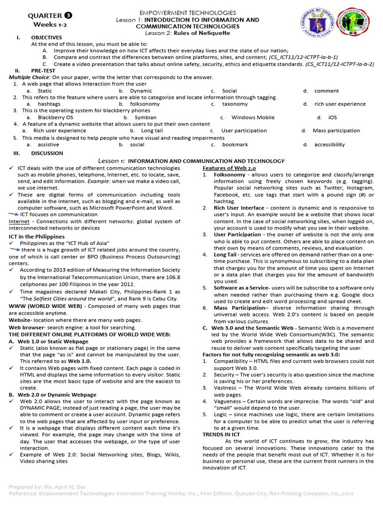 Q3 Wks 1 2 Empowerment Tech Maam Joy | PDF | World Wide Web | Internet & Web