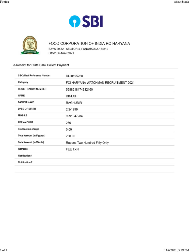 e-Receipt for FCI Haryana Payment | PDF