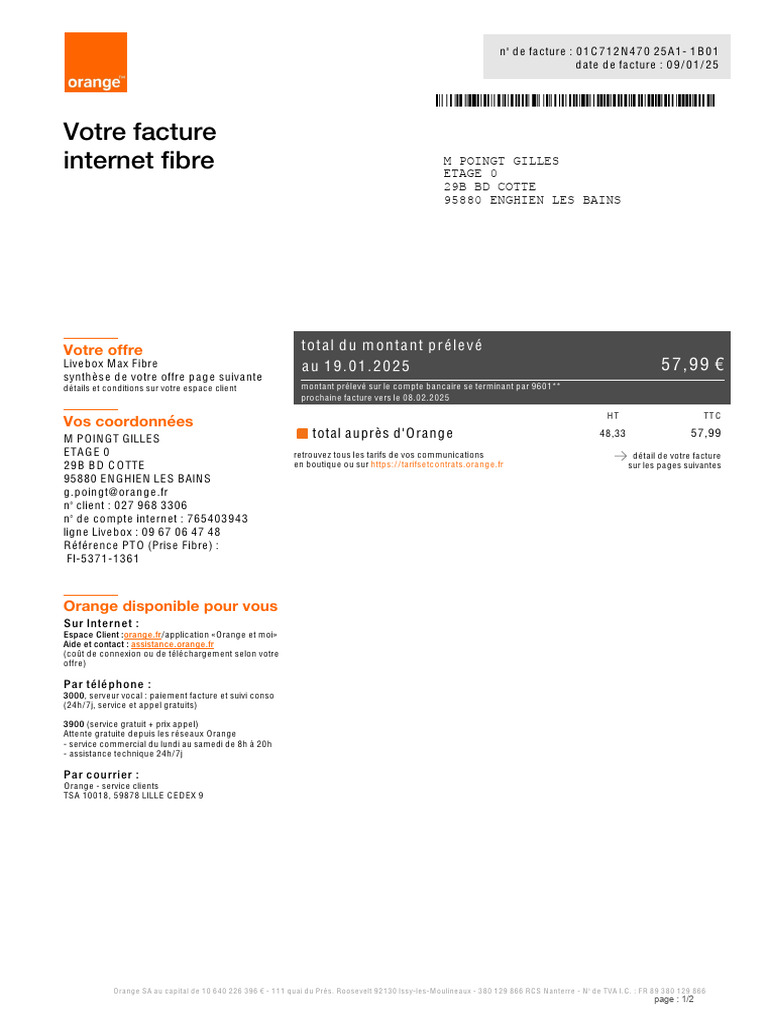Facture Internet Fibre Livebox Max 01/2025 | PDF