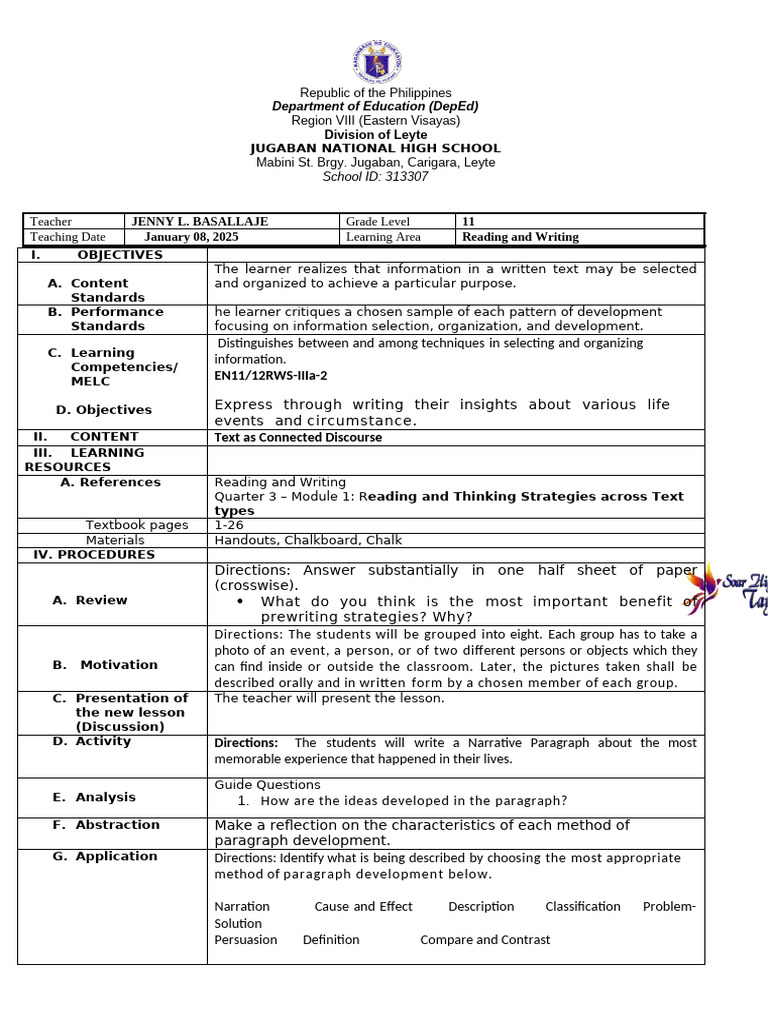 W2 Day 3 LP Reading and Writing (Text Connected Discourse) | PDF | Learning | Behavior Modification