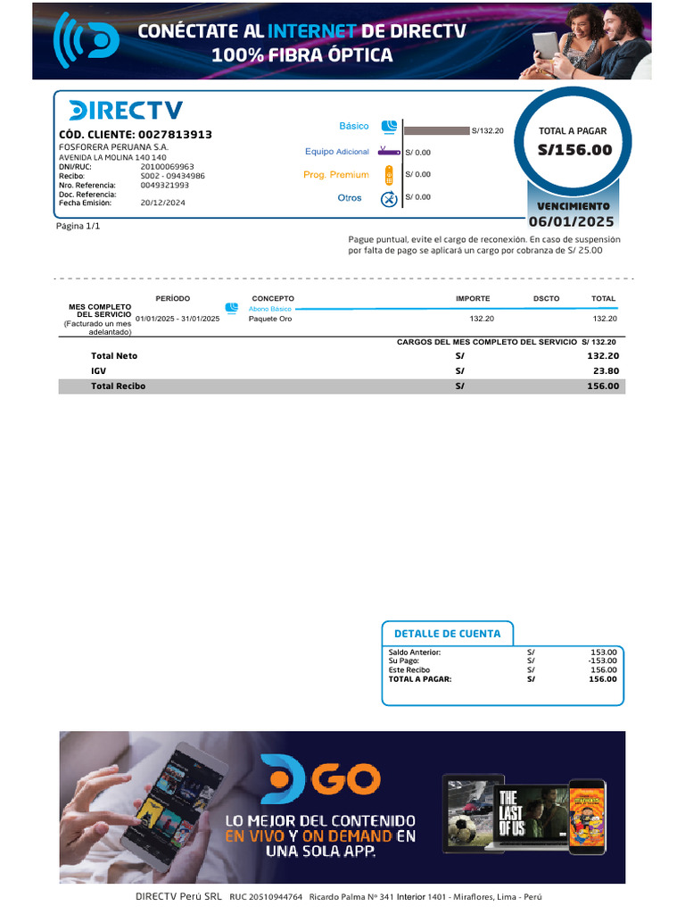 Modelo Recibo Servicio Cable | PDF