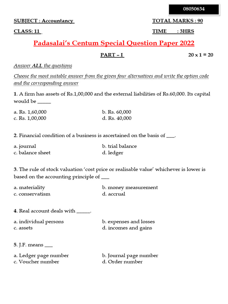 11th Accountancy EM - Centum Special Question Paper - English Medium PDF Download | PDF | Debits ...