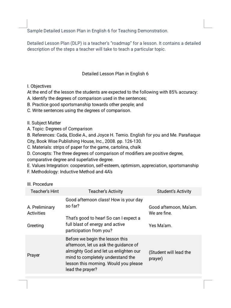 Sample Detailed Lesson Plan in English 6 For Teaching Demonstration ...