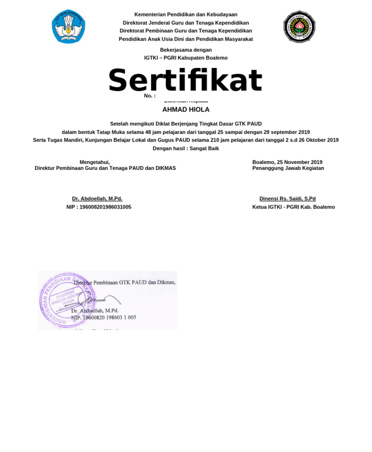 Sertifikat Diklat Dasar | PDF