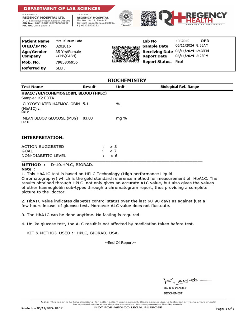 HbA1C Blood Test Report Summary | PDF