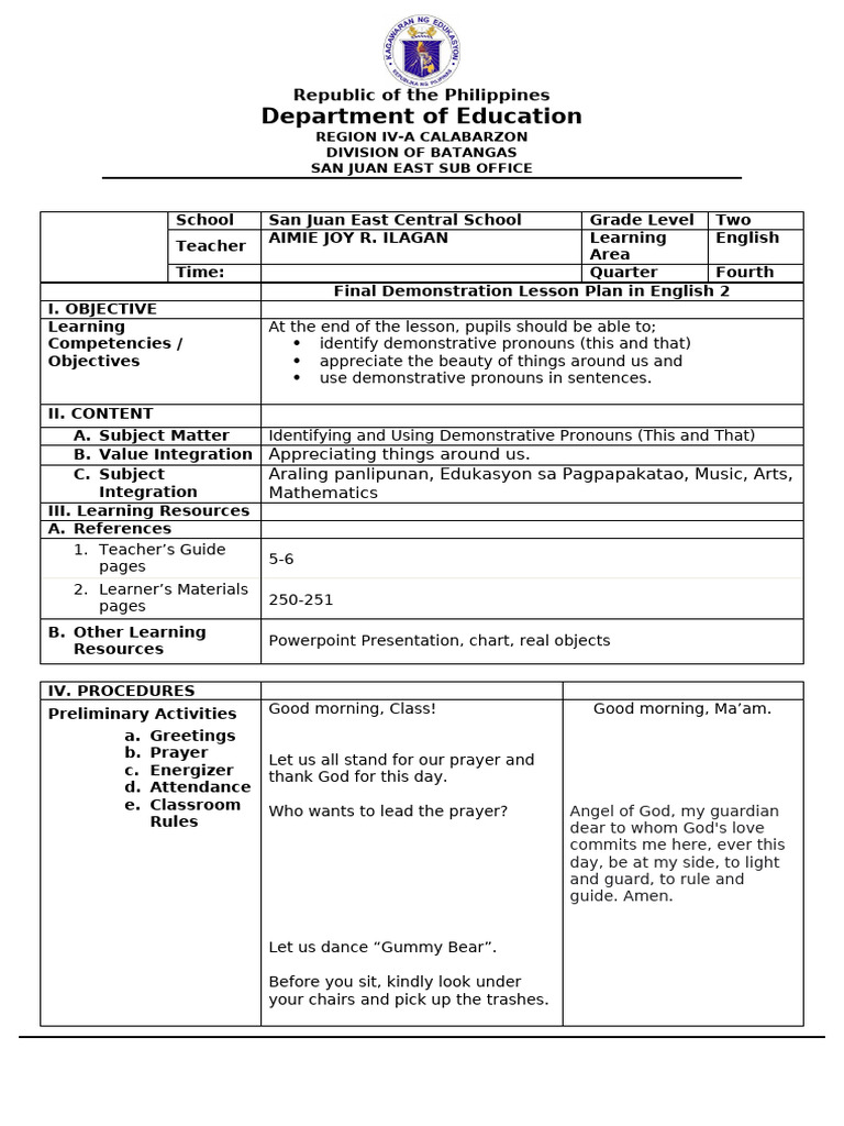 Final Lesson Plan: Demonstrative Pronouns | PDF | Learning | Cognition