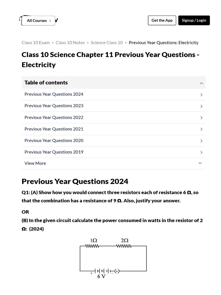 Class 10 Electricity PYQs 2024 | PDF | Electrical Resistance And Conductance | Voltage