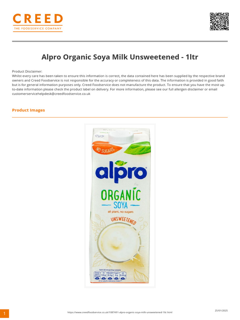 Alpro Organic Unsweetened Soya Milk Facts | PDF | Soybean | Diet ...