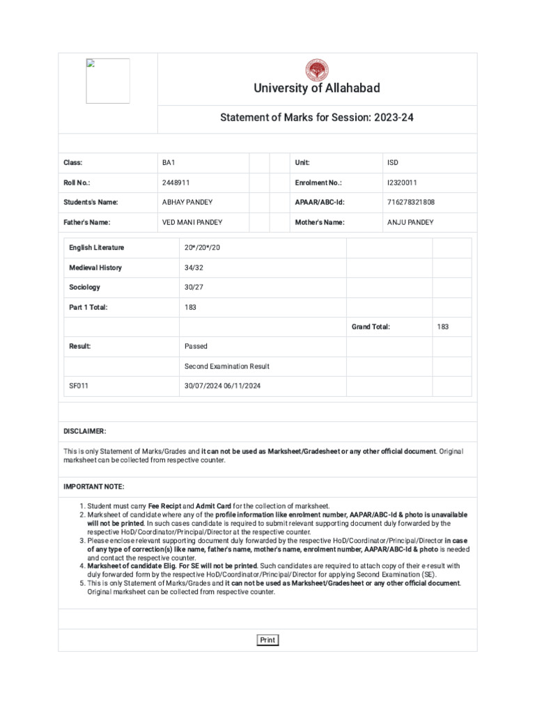 Statement of Marks - University of Allahabad | PDF