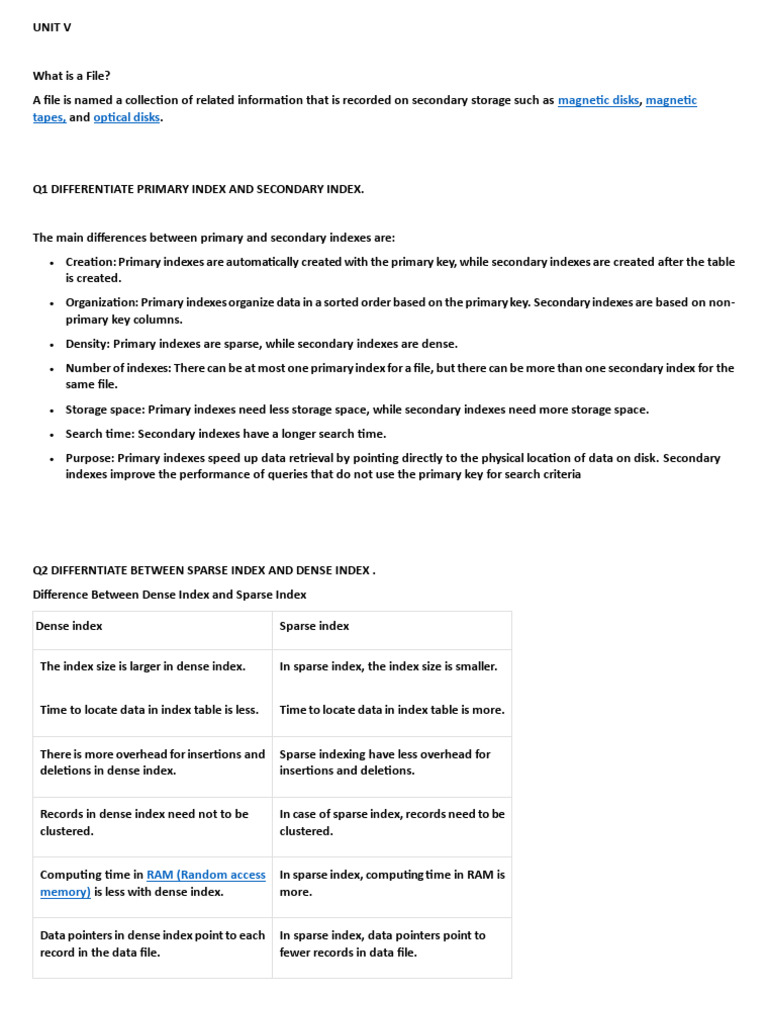 Unit V Dbms Question and Answer | PDF | Database Index | Computer File
