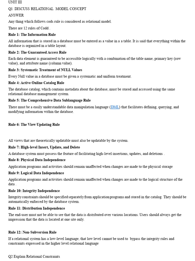 Unit III Dbms Question and Answer | PDF | Relational Database | Databases