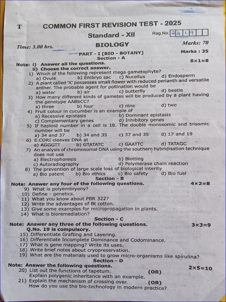 12th Biology EM First Revision Exam 2025 Question Paper Toothukudi District English Medium PDF ...