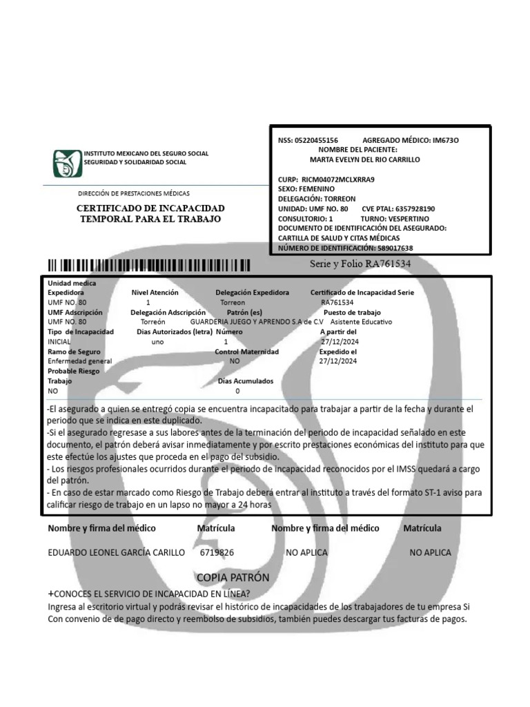 Certificado de Incapacidad Temporal IMSS | PDF